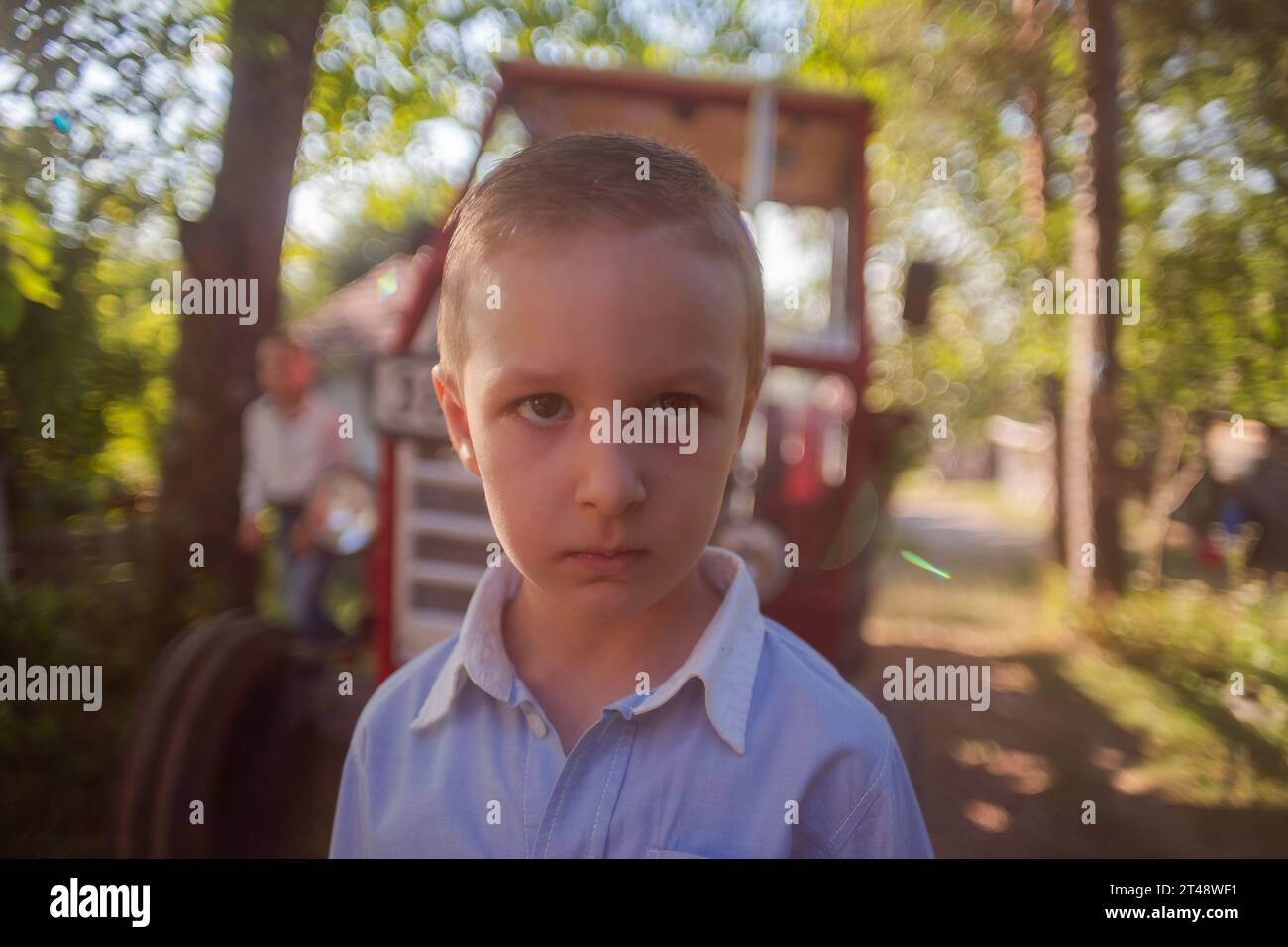 Cute little curious boy in green nature waiting for magic. Inquisitive ...