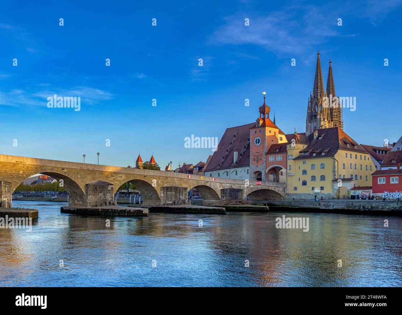 View of Regensburg with cathedral and stone bridge, Danube river, Upper ...