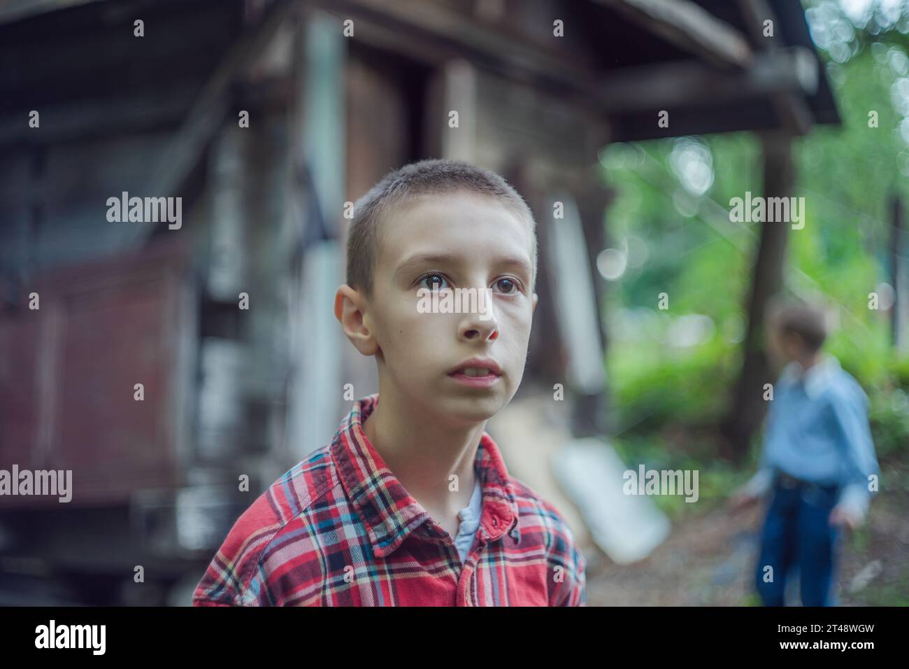 Cute little curious boy in green nature waiting for magic. Inquisitive ...