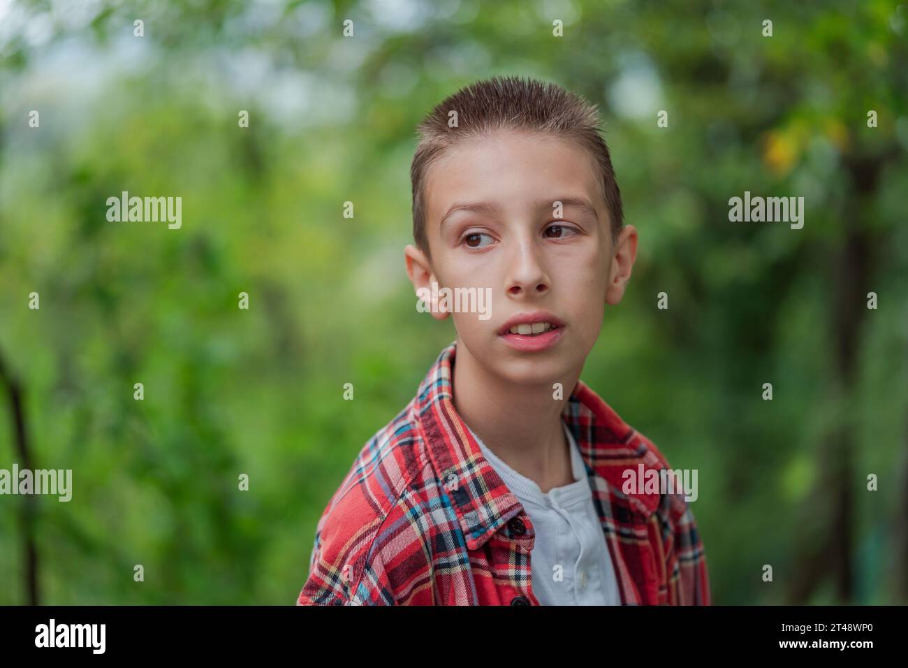 Cute little curious boy in green nature waiting for magic. Inquisitive ...