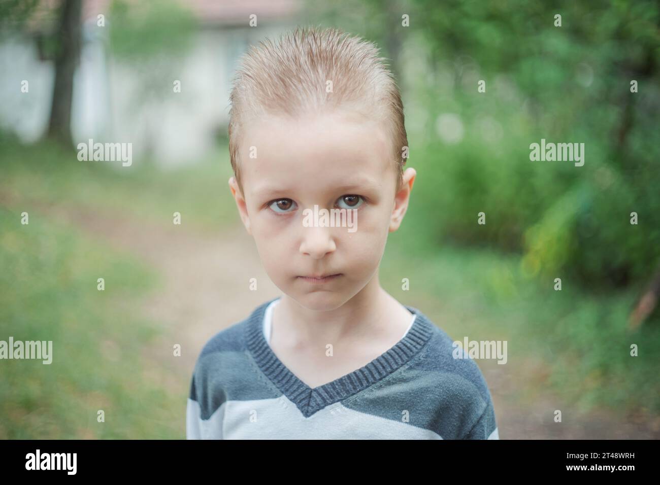 Cute little curious boy in green nature waiting for magic. Inquisitive ...