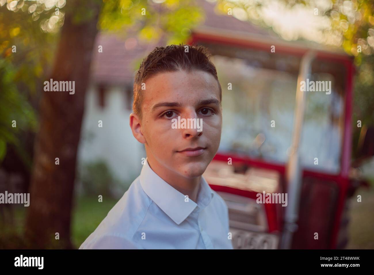 Cute little curious boy in green nature waiting for magic. Inquisitive ...