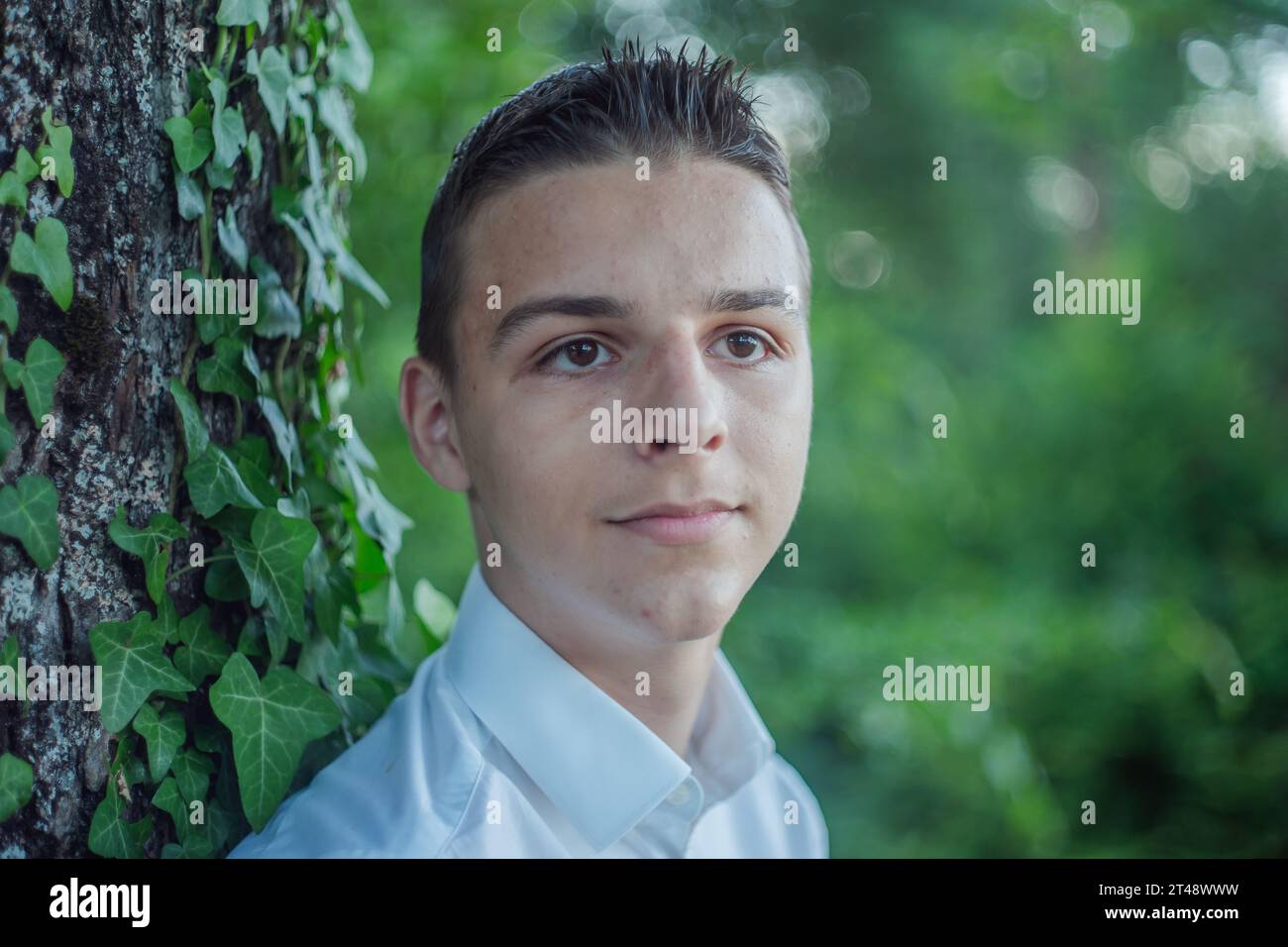 Cute little curious boy in green nature waiting for magic. Inquisitive ...