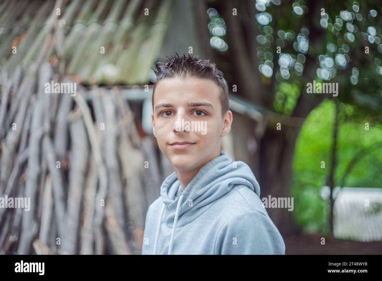 Cute little curious boy in green nature waiting for magic. Inquisitive ...