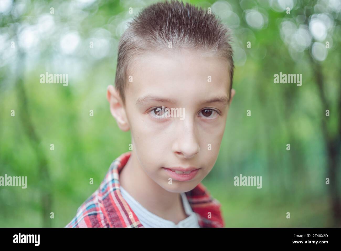 Cute little curious boy in green nature waiting for magic. Inquisitive ...