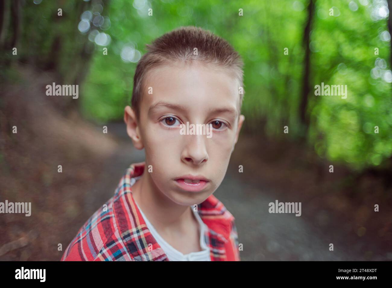 Cute little curious boy in green nature waiting for magic. Inquisitive ...
