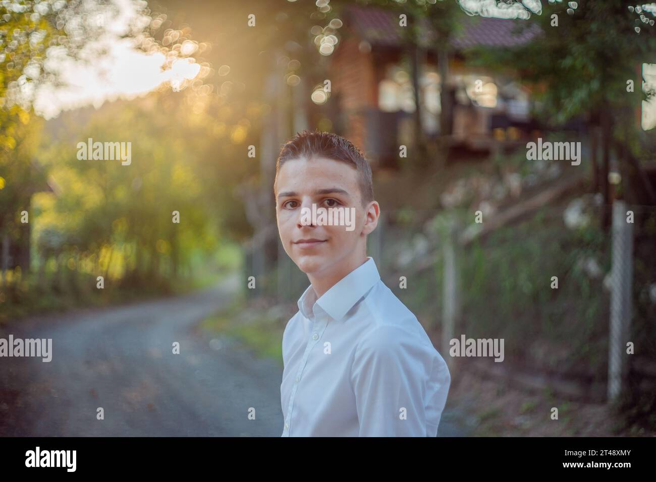 Cute little curious boy in green nature waiting for magic. Inquisitive ...