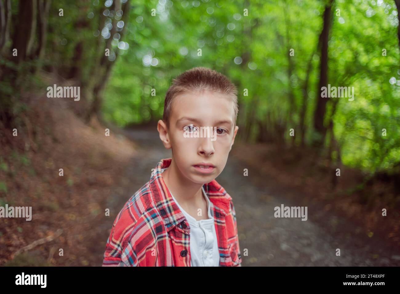 Cute little curious boy in green nature waiting for magic. Inquisitive ...