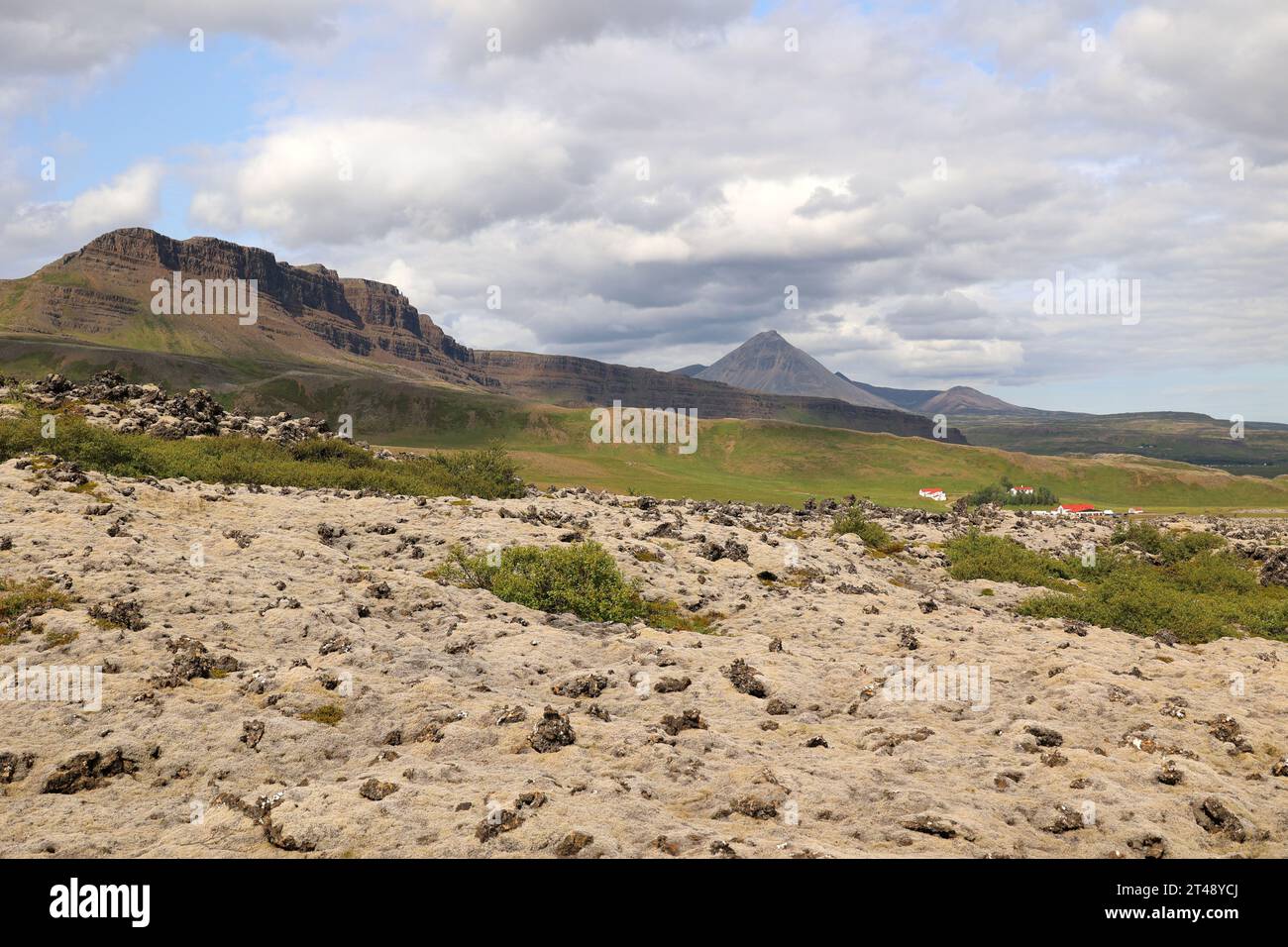 Icelandic landscape seen from extinct volcano crater Grabrok-Island ...
