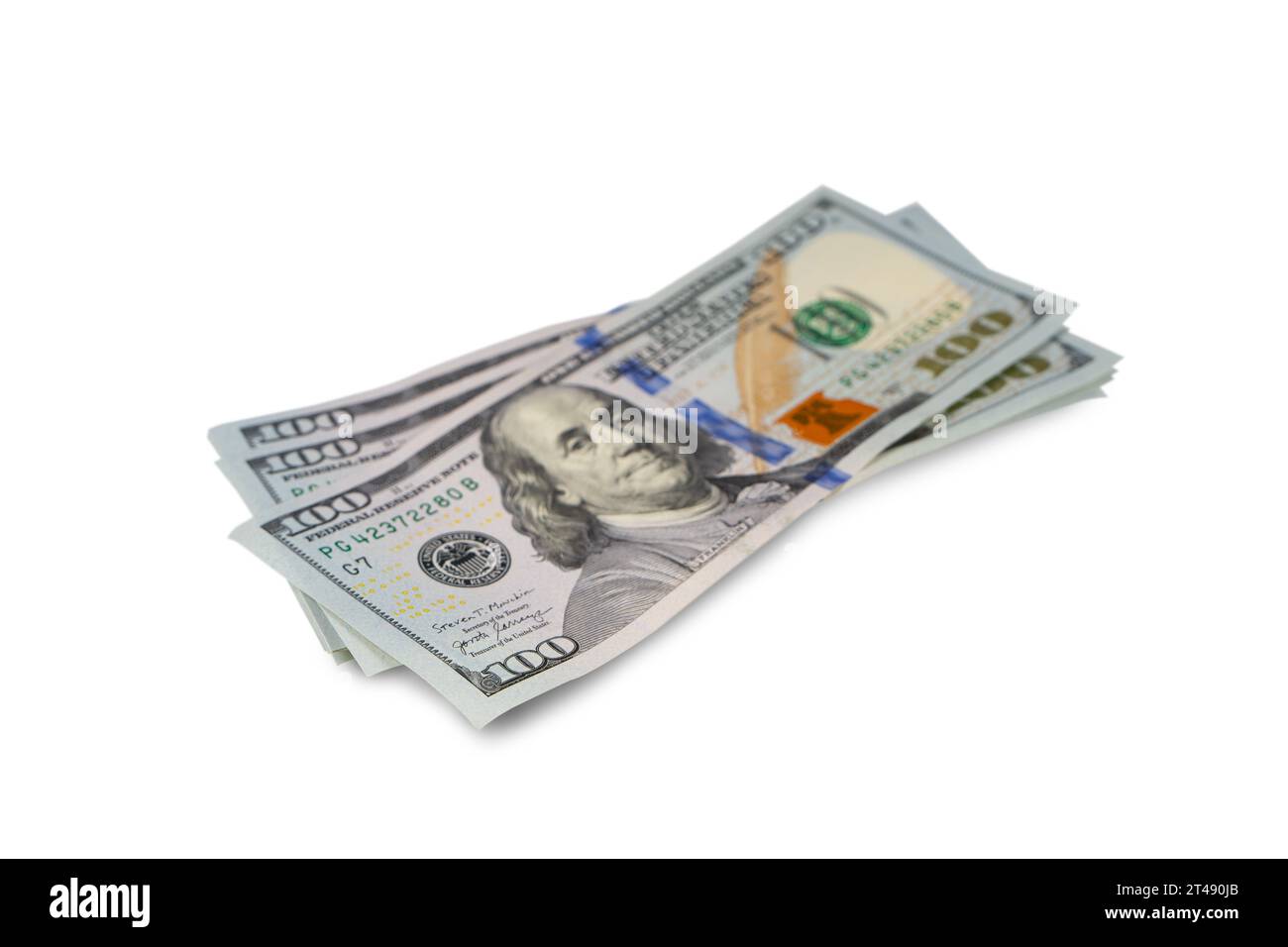 Pile of new design US dollar bills isolated on white background ...