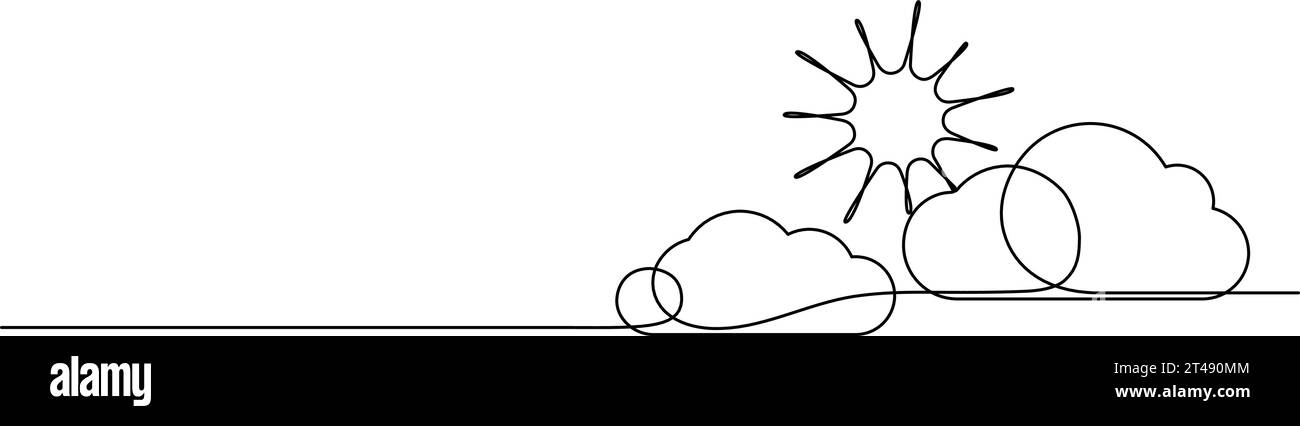 continuous single line drawing of sun above clouds, weather line art vector illustration Stock ...