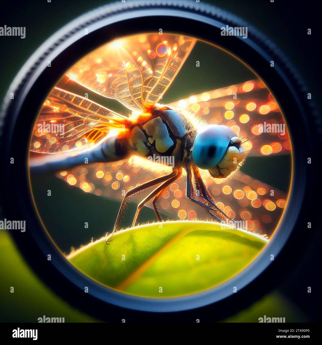 An insect perched atop a leaf in a reflective surface, appearing to ...