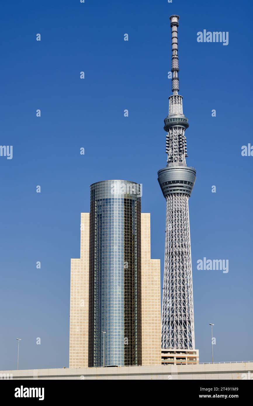 Tokyo, Japan - April 09, 2023: Sumida skyline in Tokyo. To see are the ...
