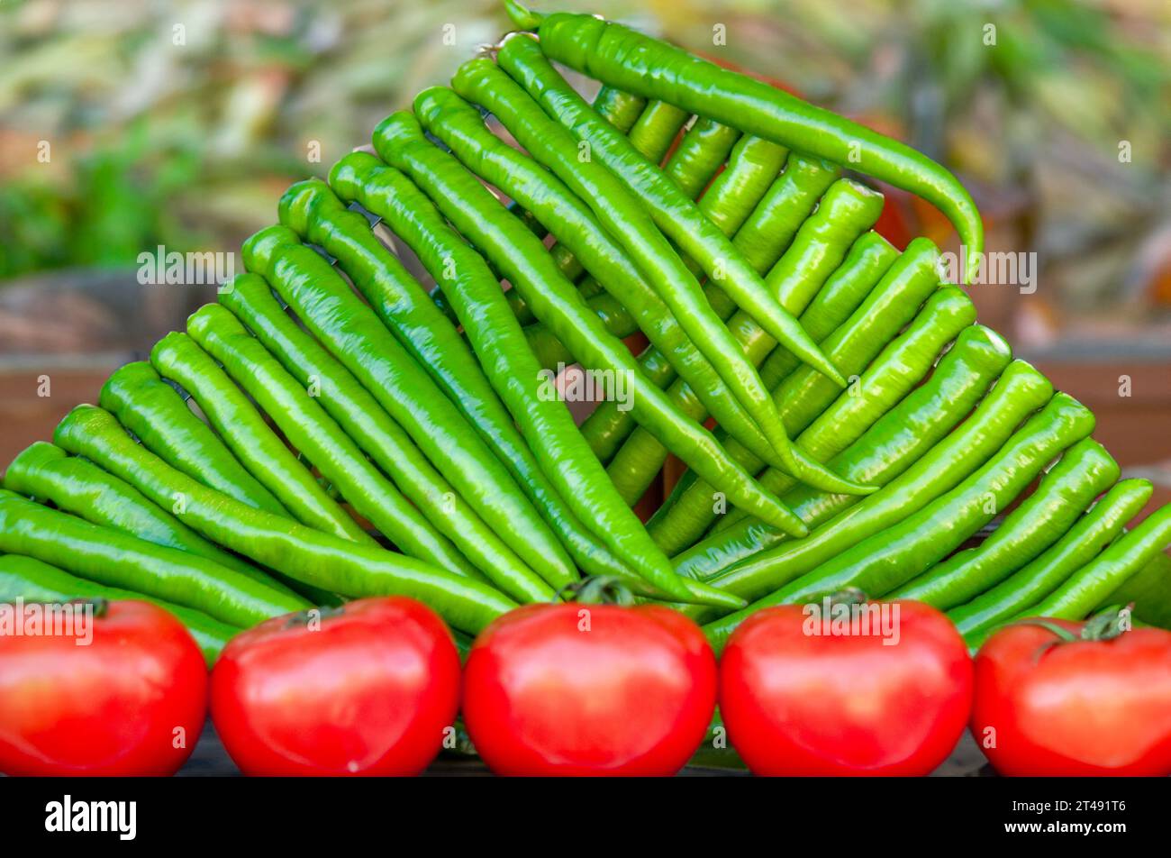 Green chilli peppers neatly arranged in a triangular shape with ...