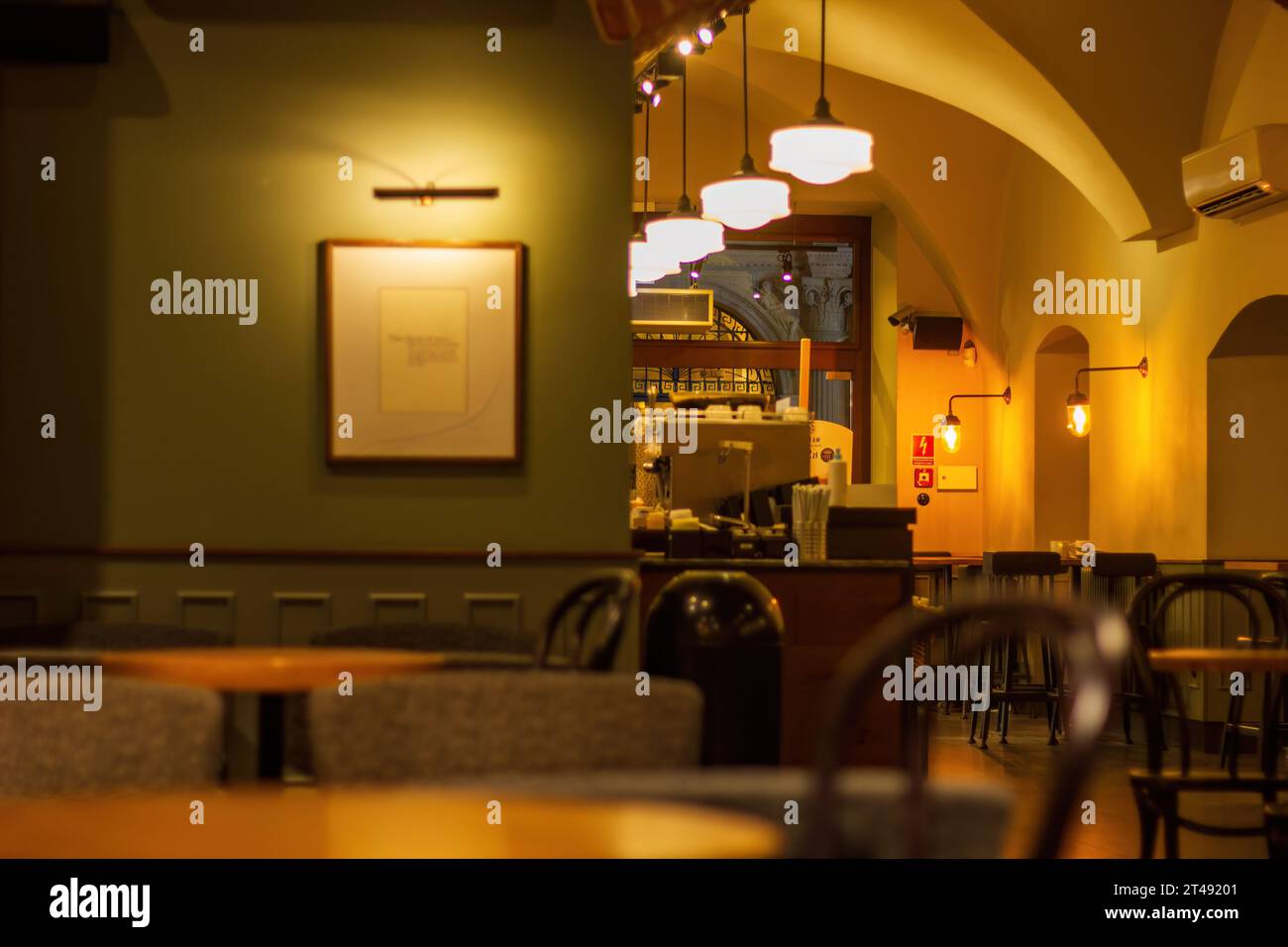 Wide angle of an Interior of a coffee shop with couch and table Stock ...