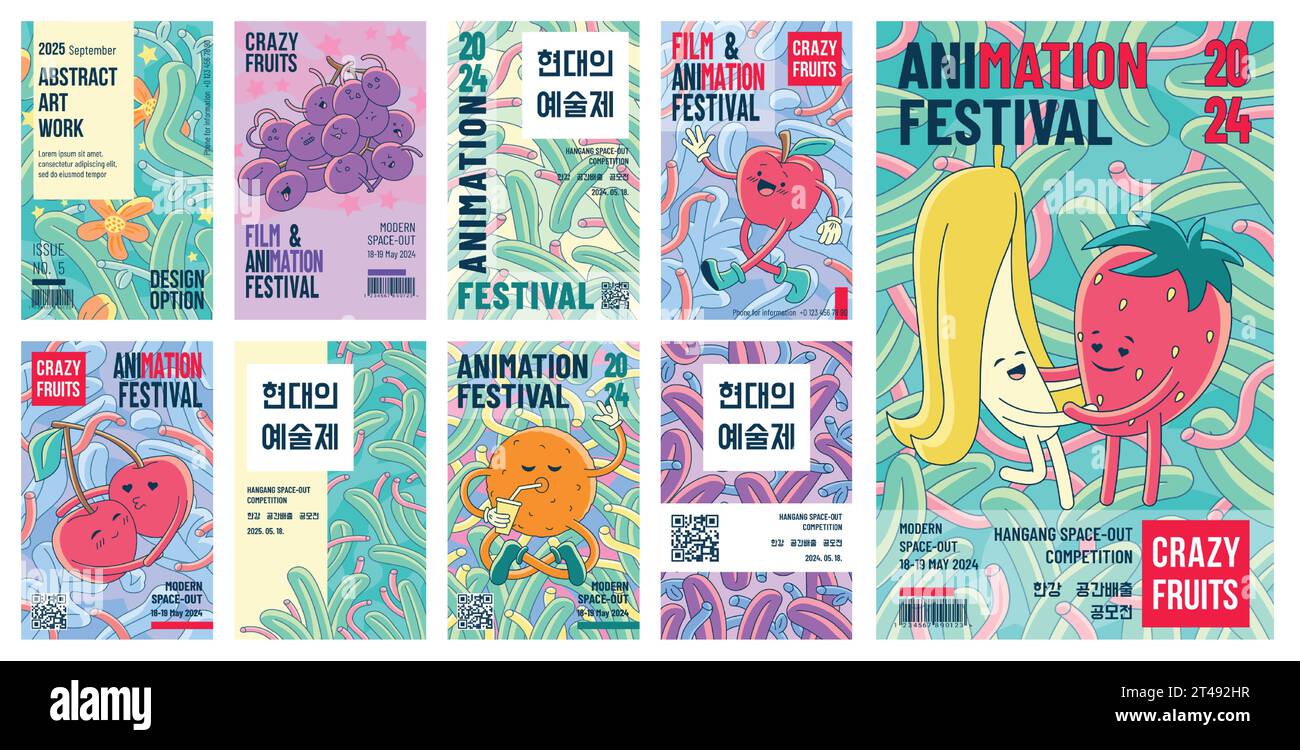 Fruit posters. Abstract cartoon characters, strawberry and cherry ...