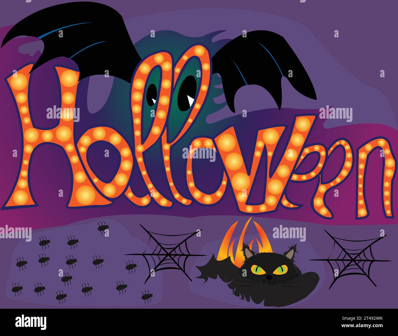 Halloween illustration with writing with bat wings and black cat ...