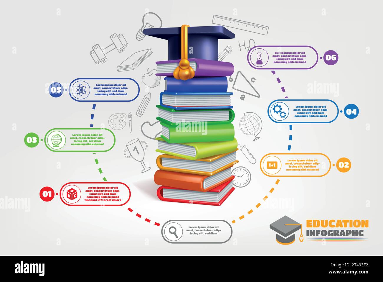 School books. Education infographic. Textbook stack. Graduation hat ...