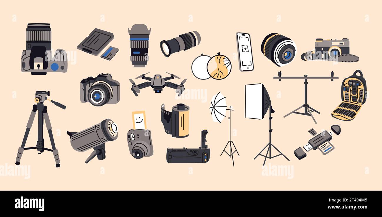 Camera devices color icons. Professional equipments. Vector isolated ...