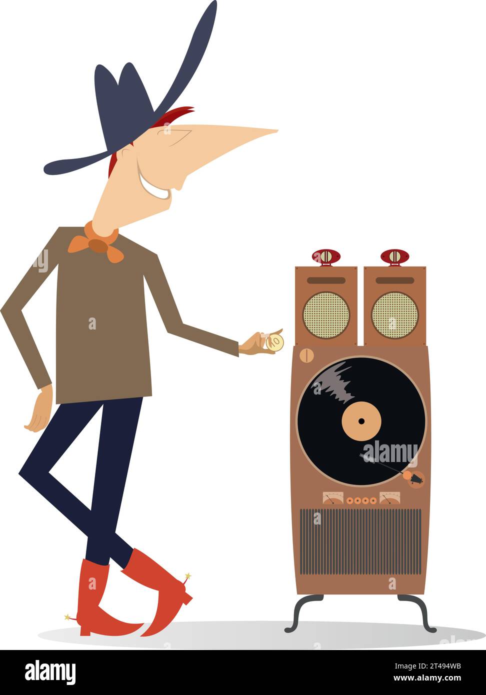 Farmer or cowboy listening jukebox. Cartoon farmer or cowboy in the bar ...