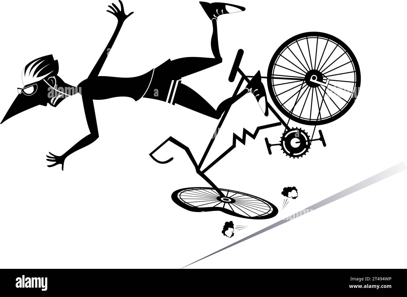 Cyclist falling down from the bicycle. Young man falling down from the bicycle. Black and white ...