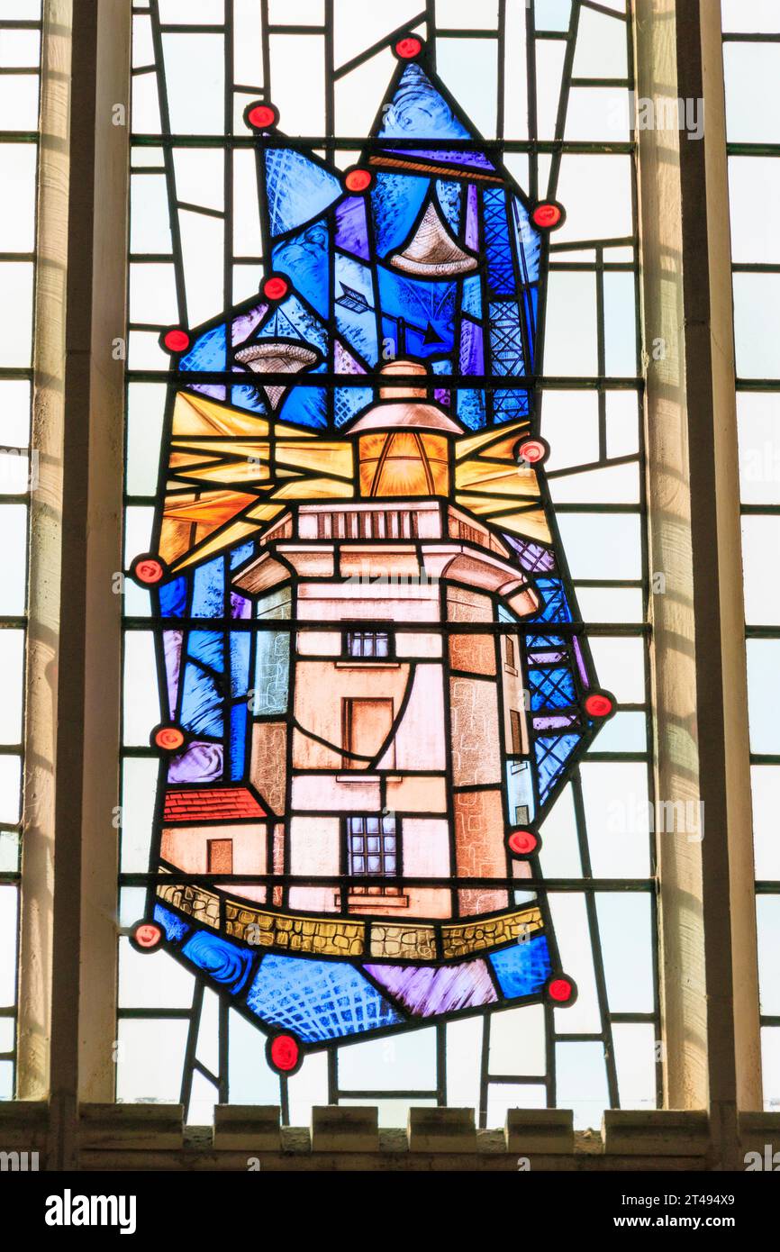 Colourful stained glass windows featuring lighthouses and lifeboats in ...