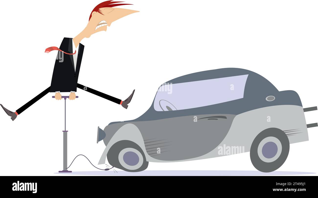 Funny man, pump and a broken car. Flat tire repair. Young man inflates ...