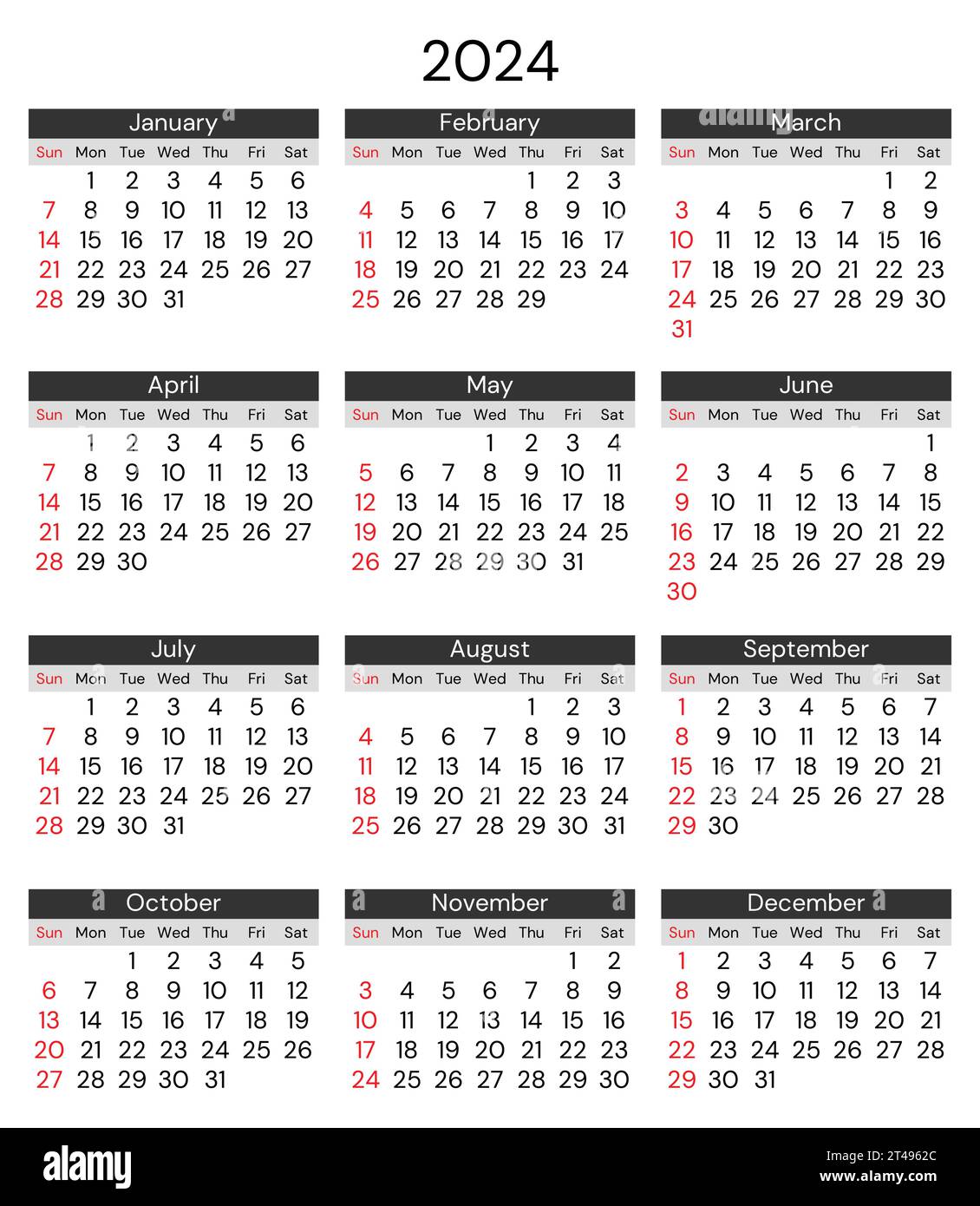 2024 calendar, vertical. Modern vector illustration. Plan your year ...