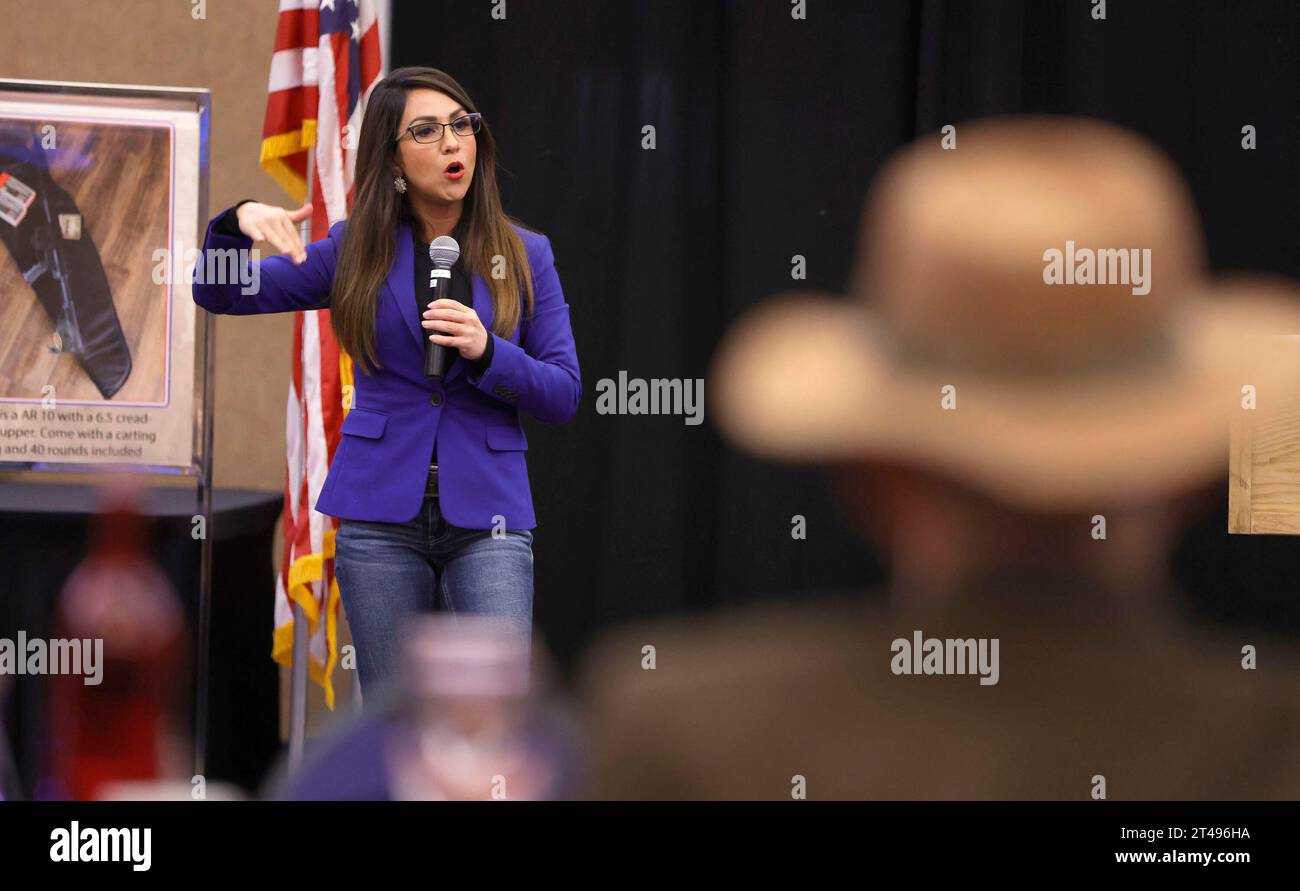 Rep. Lauren Boebert, R-Colo., delivers her speech at the Montezuma ...