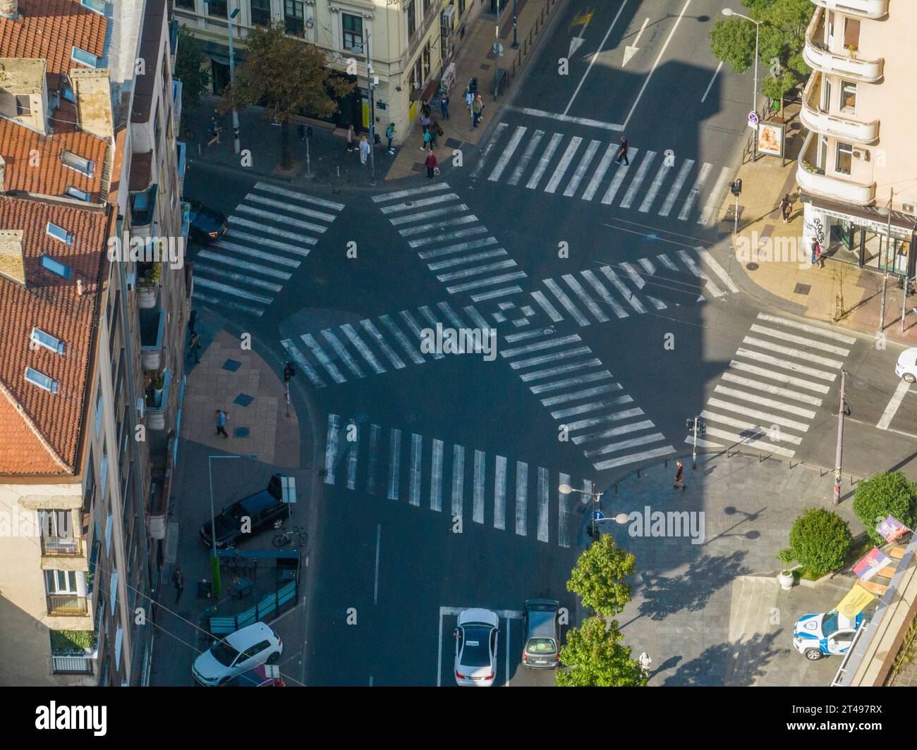 Top view over a crowd pedestrian crossing road intersection, Belgrade ...