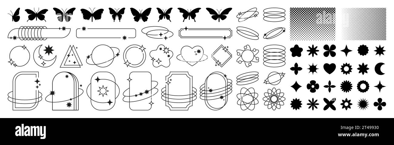 90s graphic. Sketch stars. Bubble heart. Vintage shine lines. Geometric ...