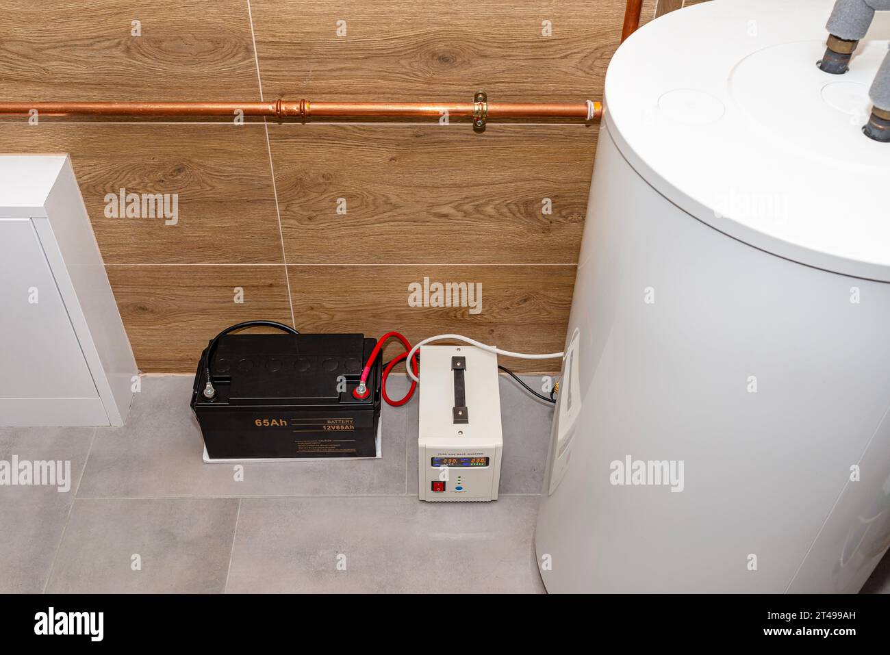 Modern gas boiler room lined with ceramic tiles imitating wood, visible ...