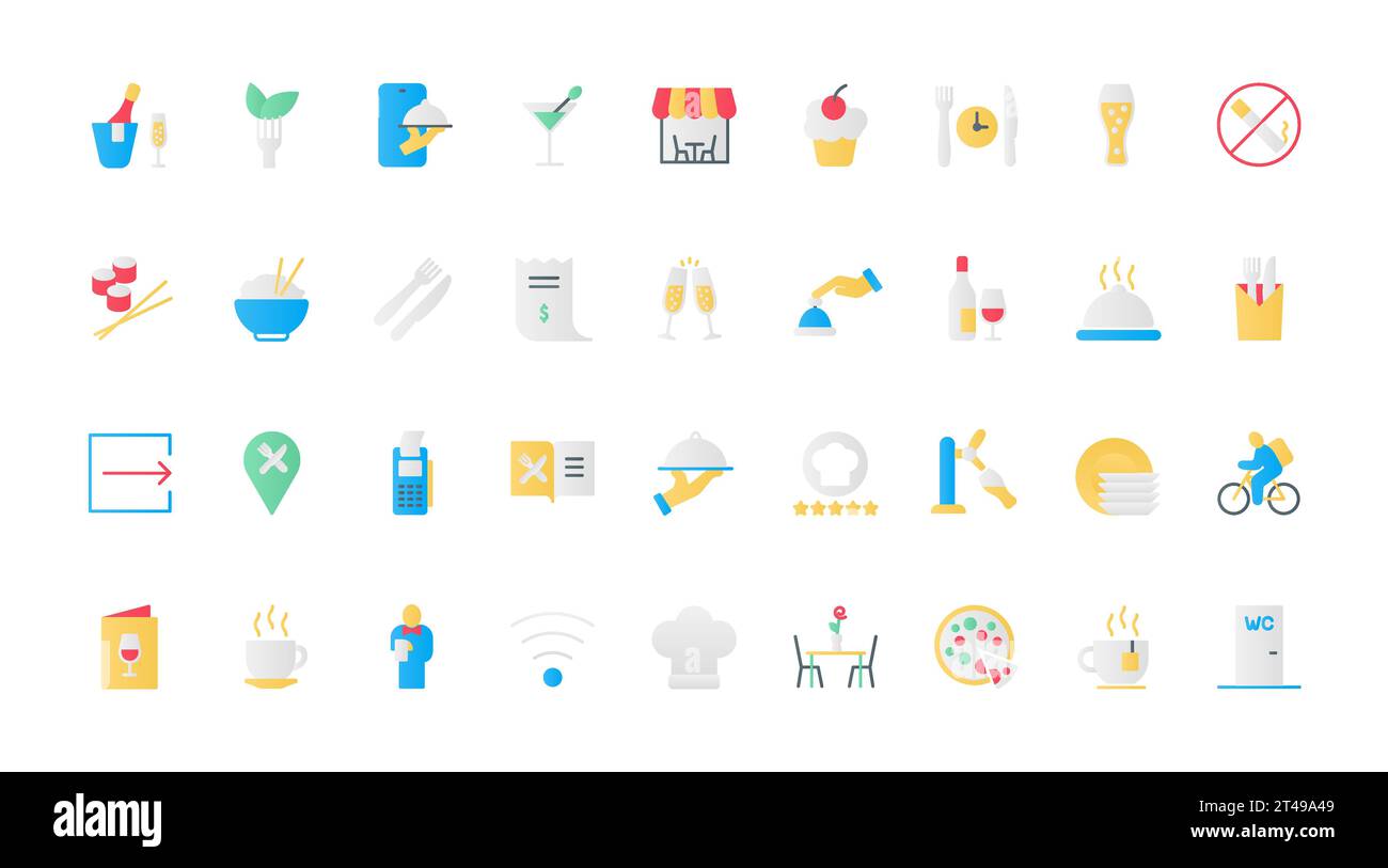 Restaurant flat icons set vector illustration. Pictograms of serving ...