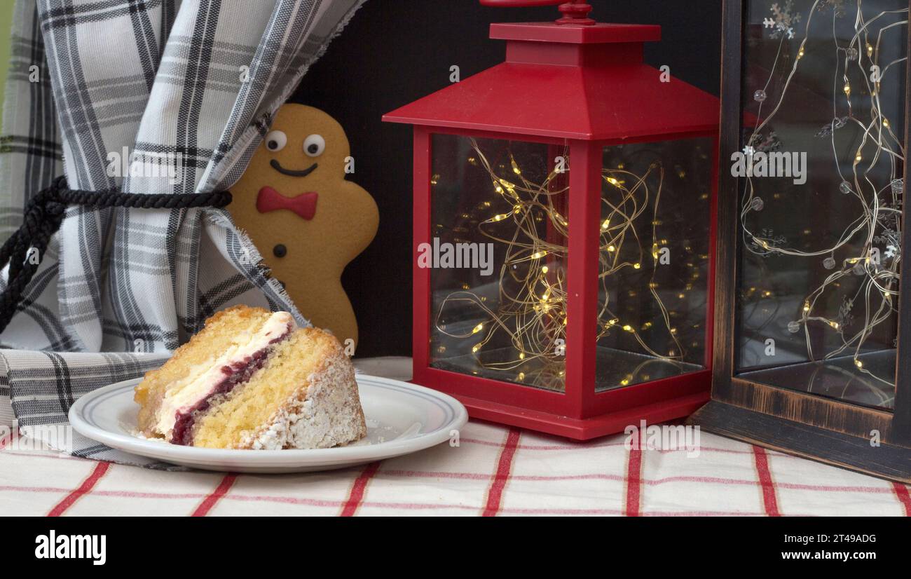 Joyful happy ginger biscuit man finding jam and cream cake slice Stock ...