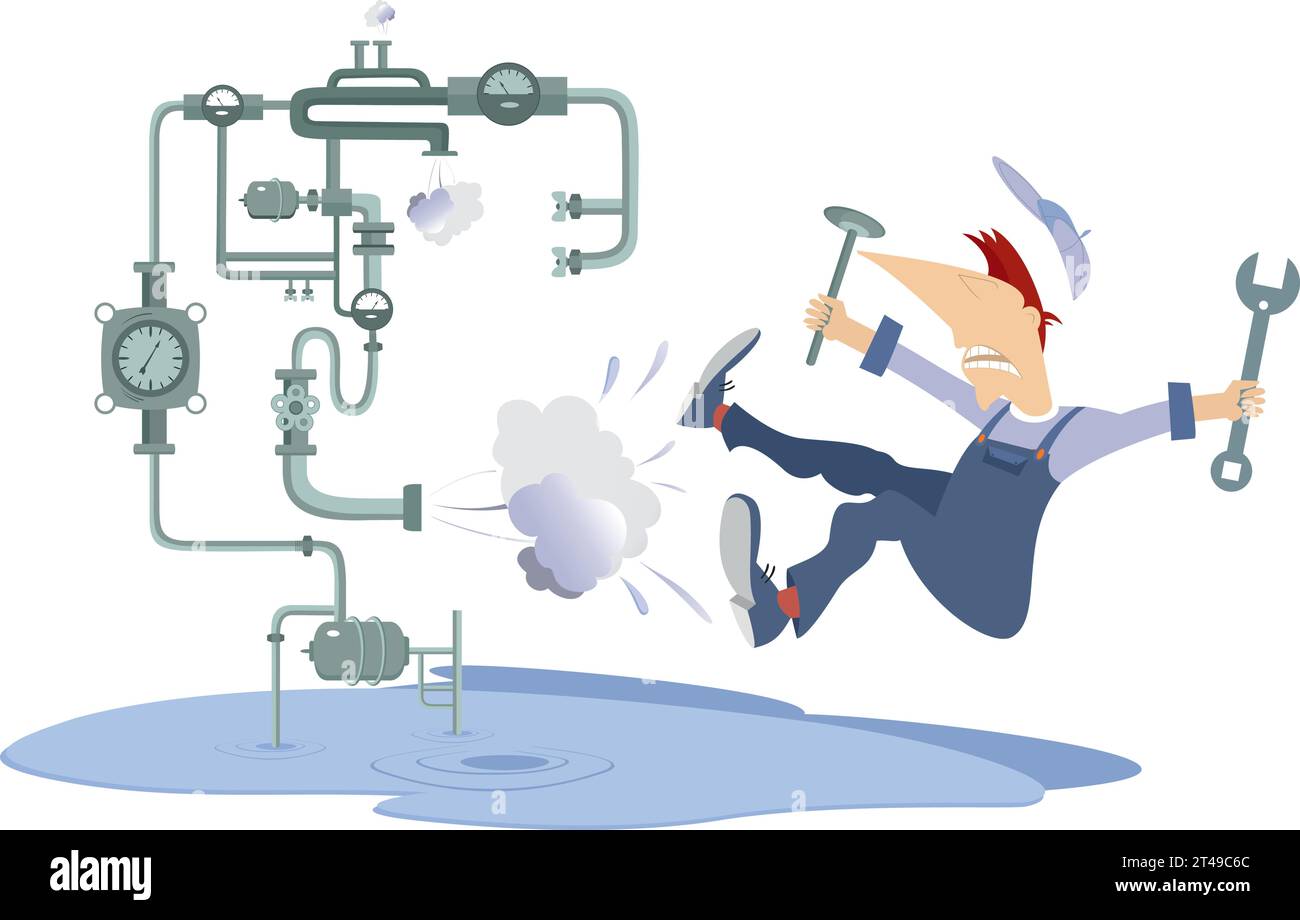 Comic mechanic repairs pipe construction. Breakdown. Comic mechanic ...