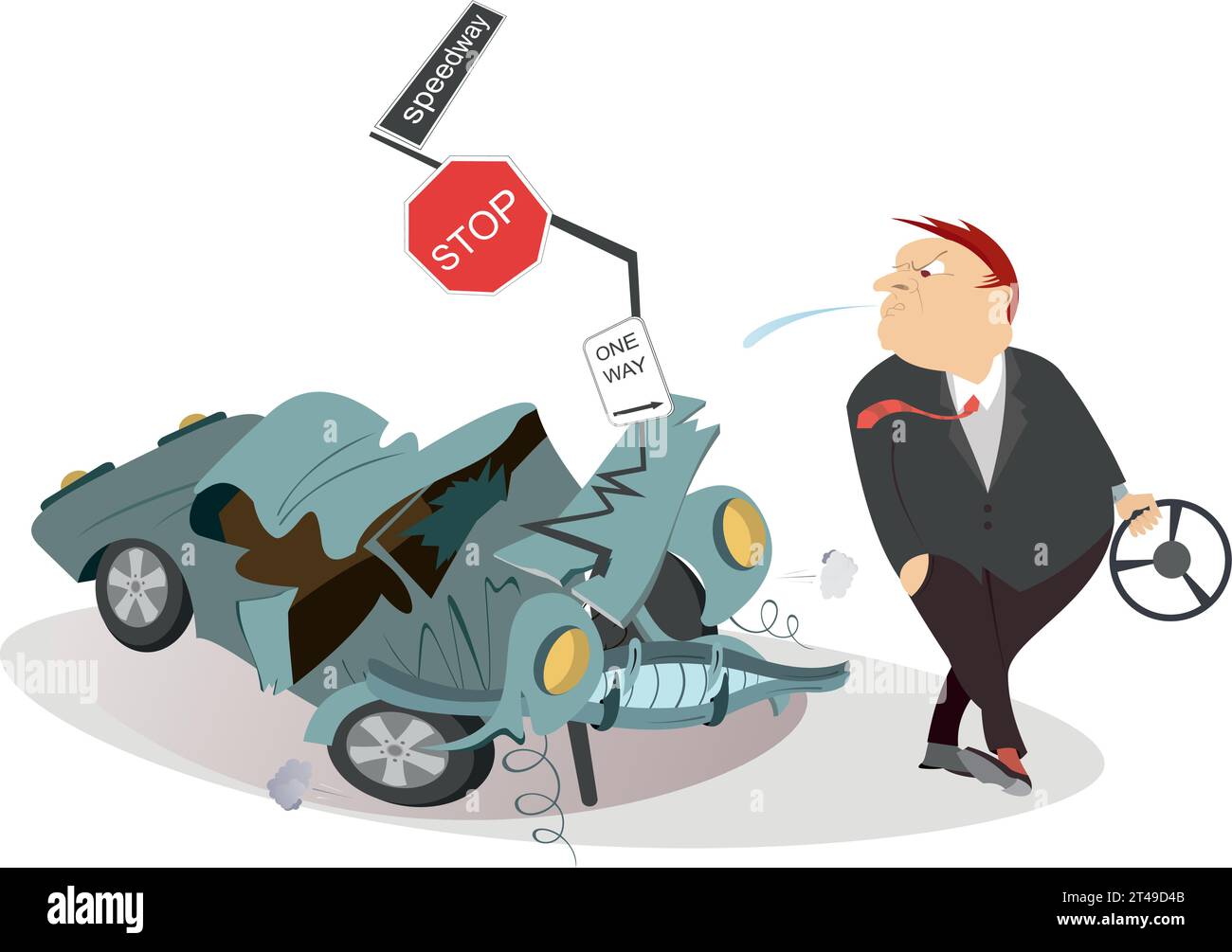 Man has got into a road accident. Annoyed man spitting to the car which ...