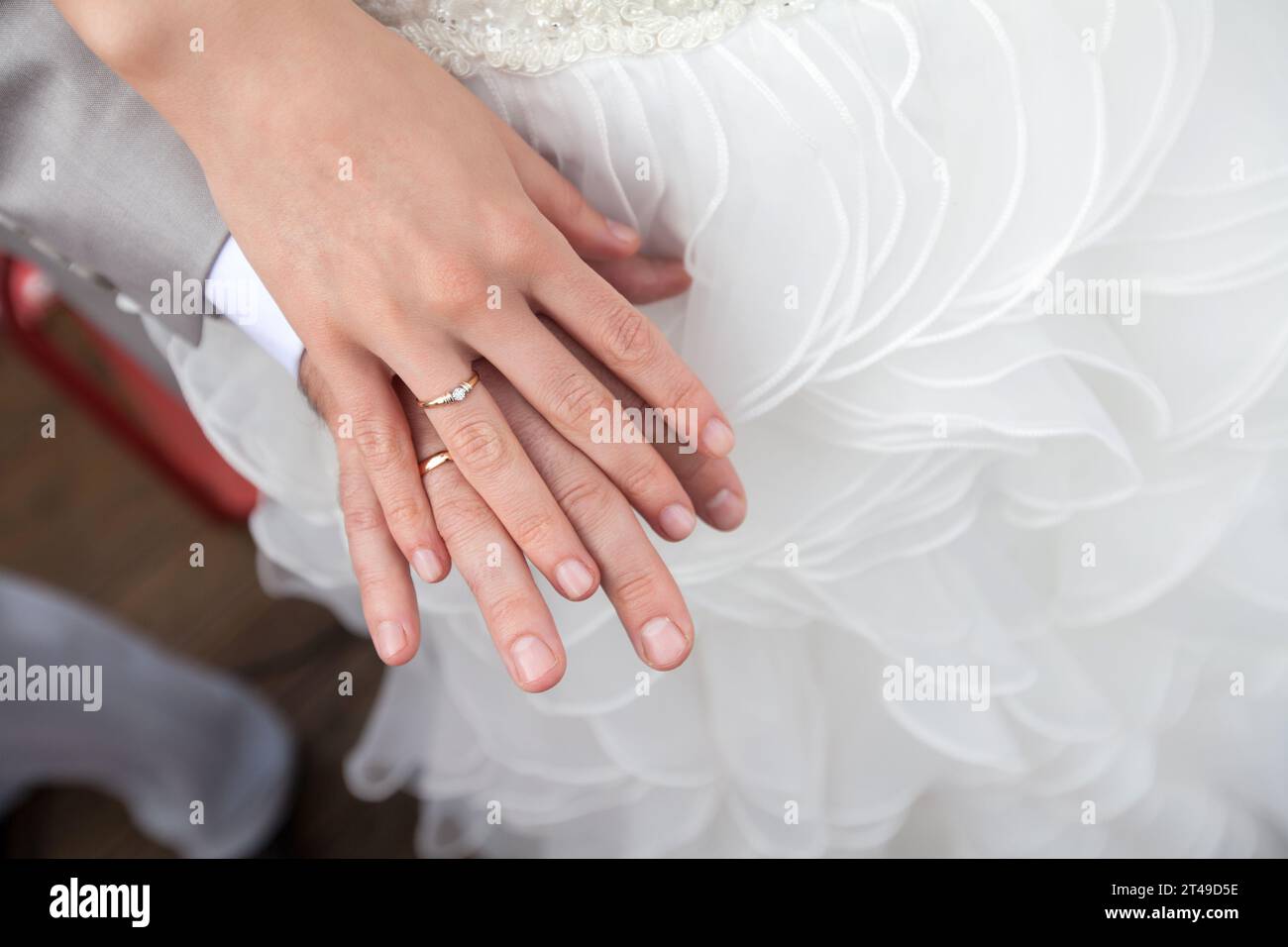 Close-up of a newlywed couple's hands with wedding ring, against the ...