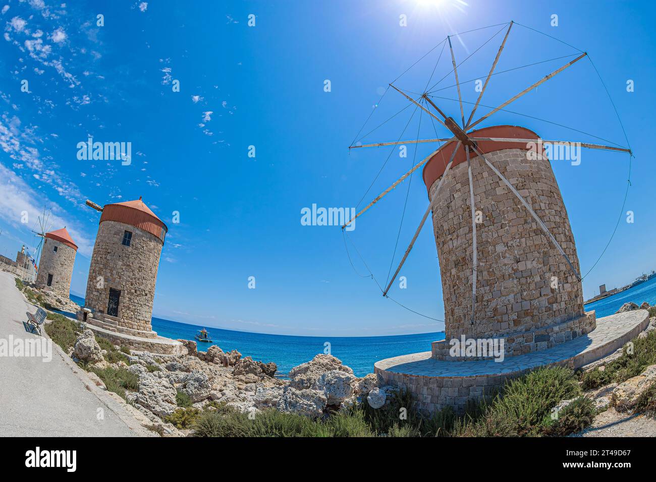 RHODES, GREECE-JUNE 29,2022:Medieval Rhodes Town Windmills, in Mandraki ...