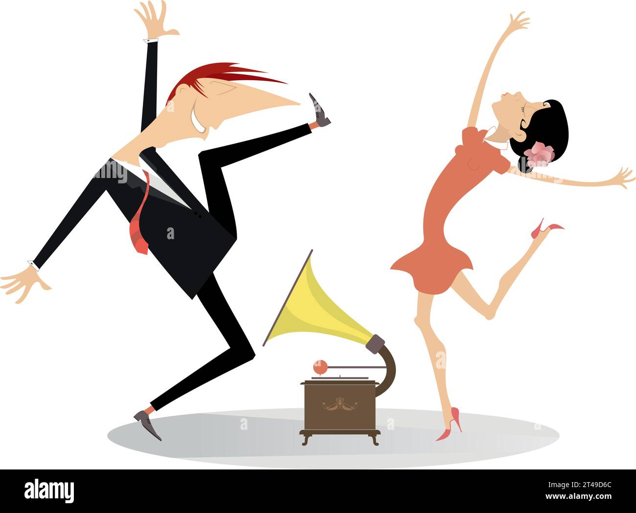 Happy dancing young couple. Vintage record player and happyy dancing ...