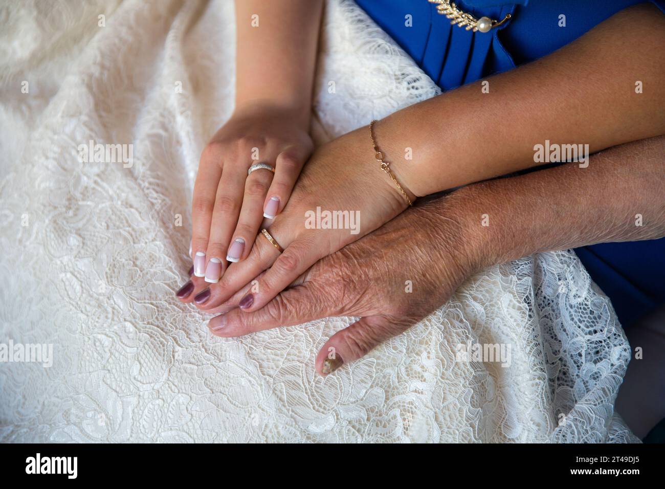 Bride's hand with wedding ring layered between her mother's and ...