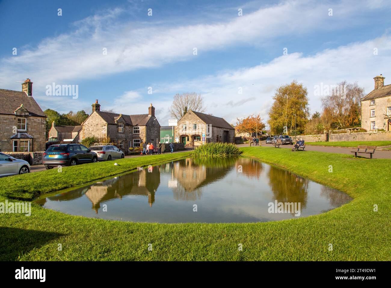 The village duck pond in the Derbyshire Peak District village of ...
