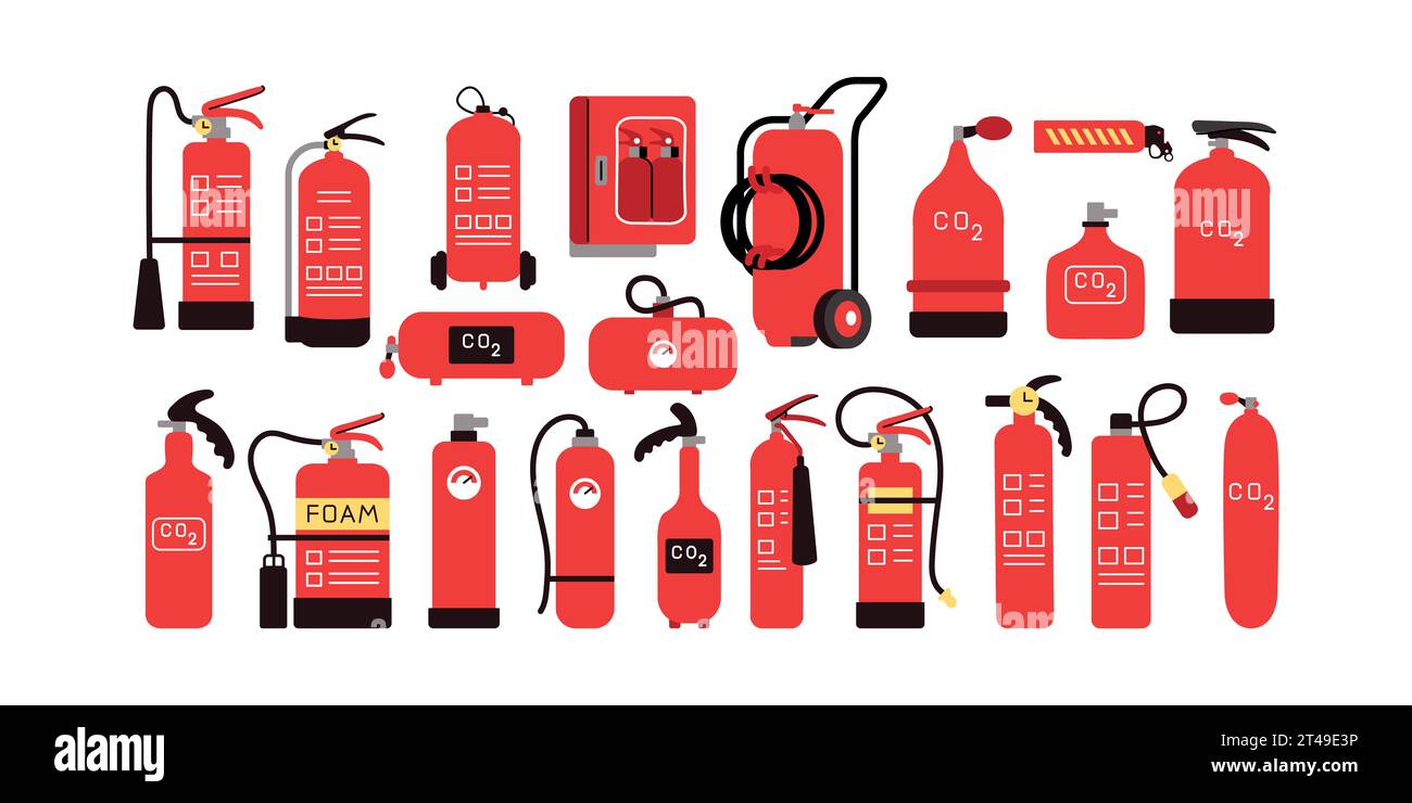 Fire extinguishers color icons set. Portable fire-fighting equipments ...
