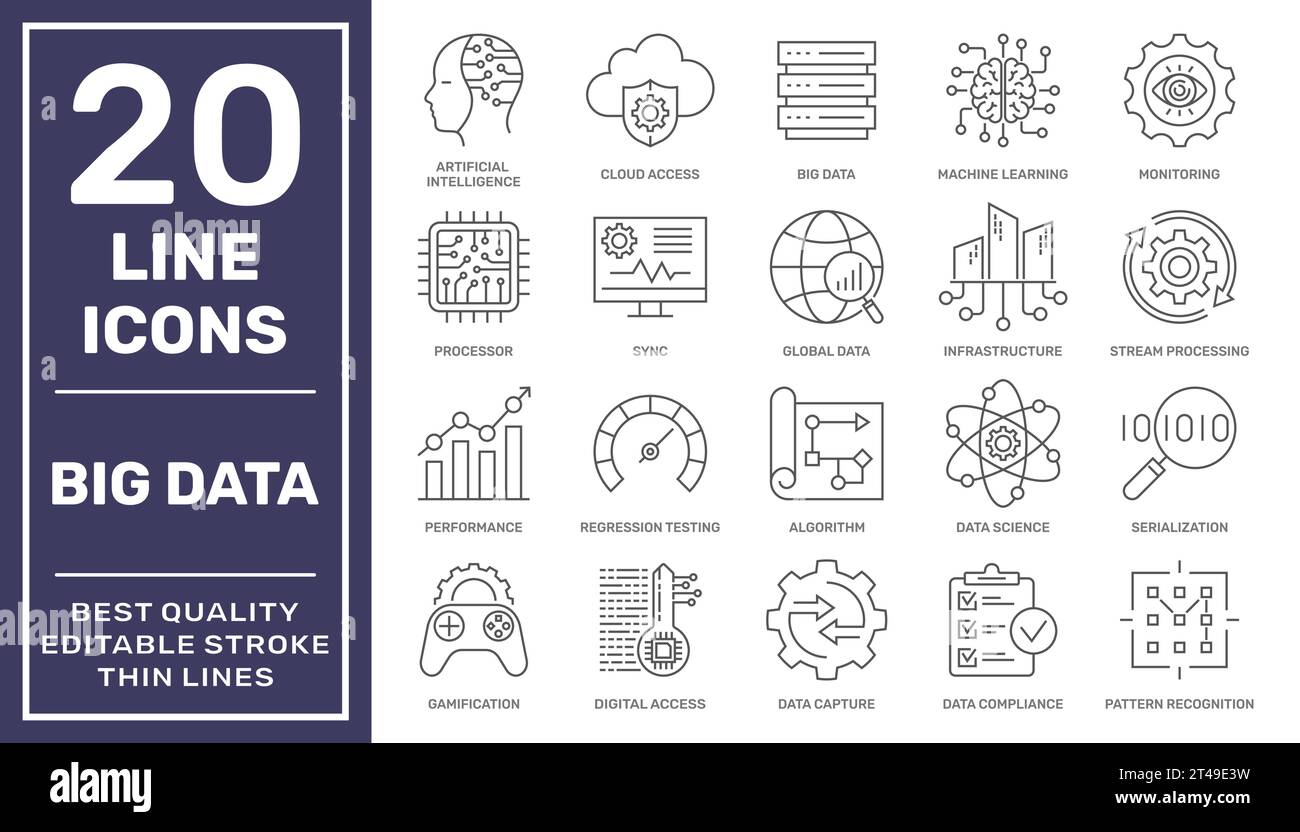 Big Data and Analytics icon set. Big data analysis technology symbol. Containing database ...