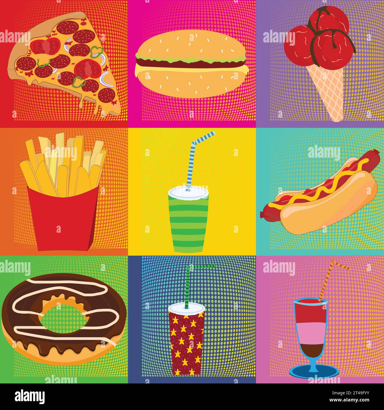 Pop Art Andy Warhol background with dots and food icons; multicolored ...