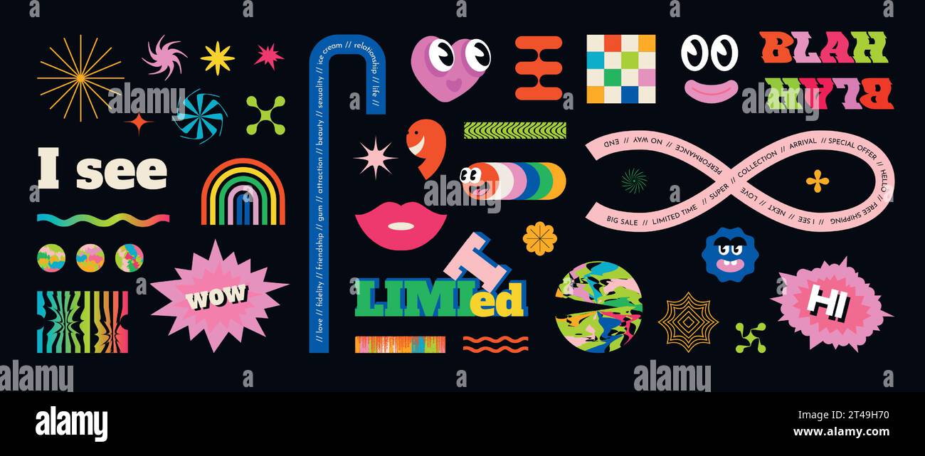 Abstract stickers. Graphic icons and modern typography. Funny emoji ...