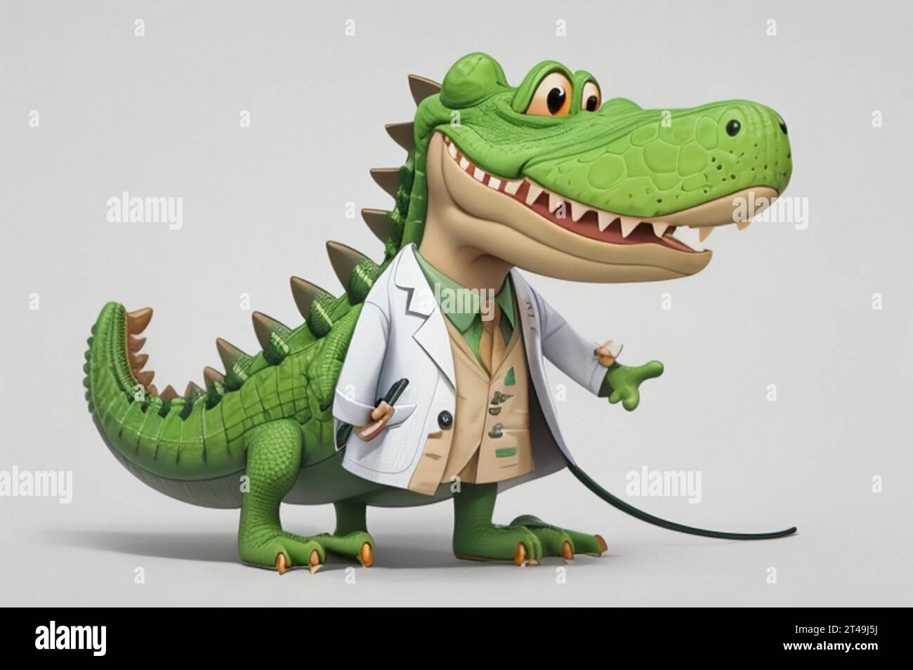 A close-up image of a green alligator wearing a tailored suit and tie ...