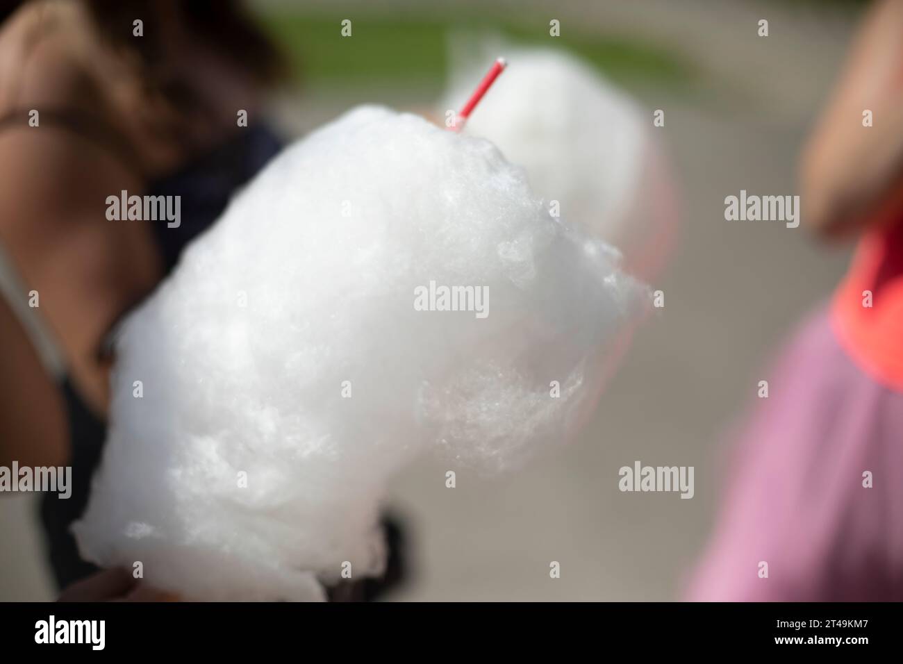 Cotton candy on stick. Sweetness of white color. Cotton candy in park ...