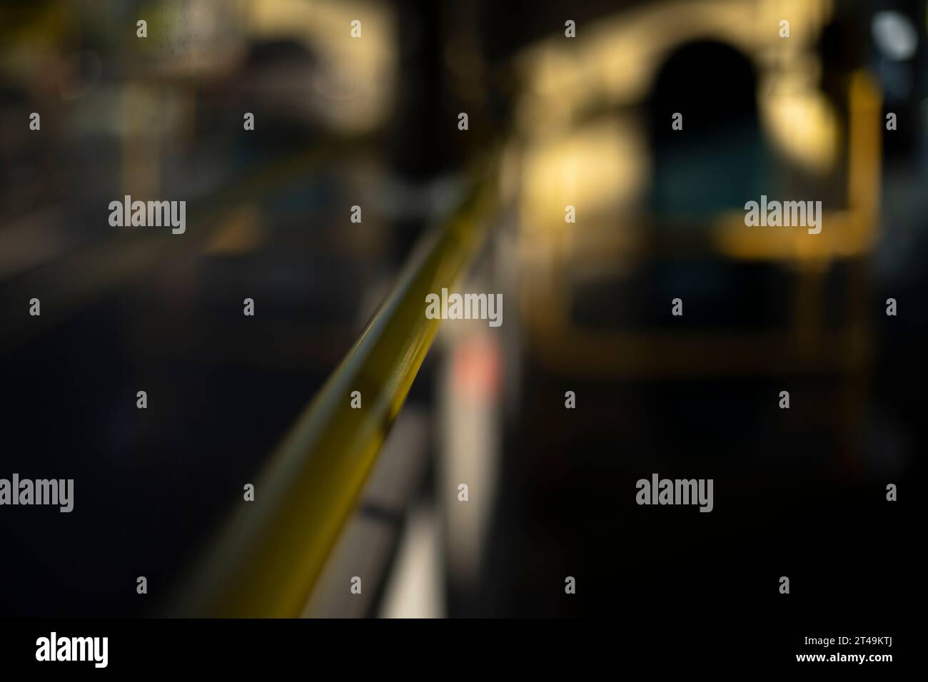 Handrail in bus. Yellow handrail. Interior of public transport. Empty ...