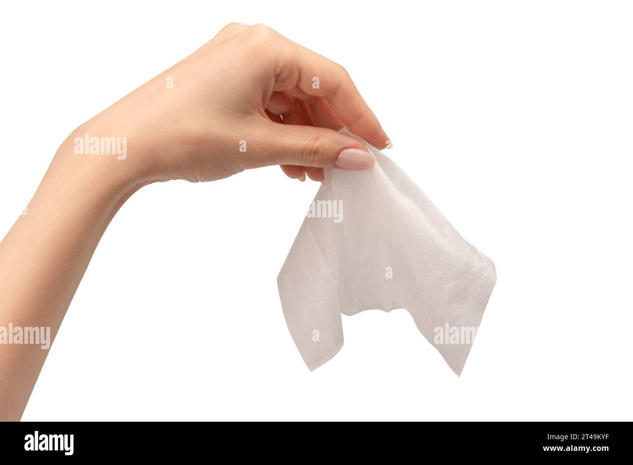 Wet wipe in a woman hand isolated on a white background. Washing hands ...