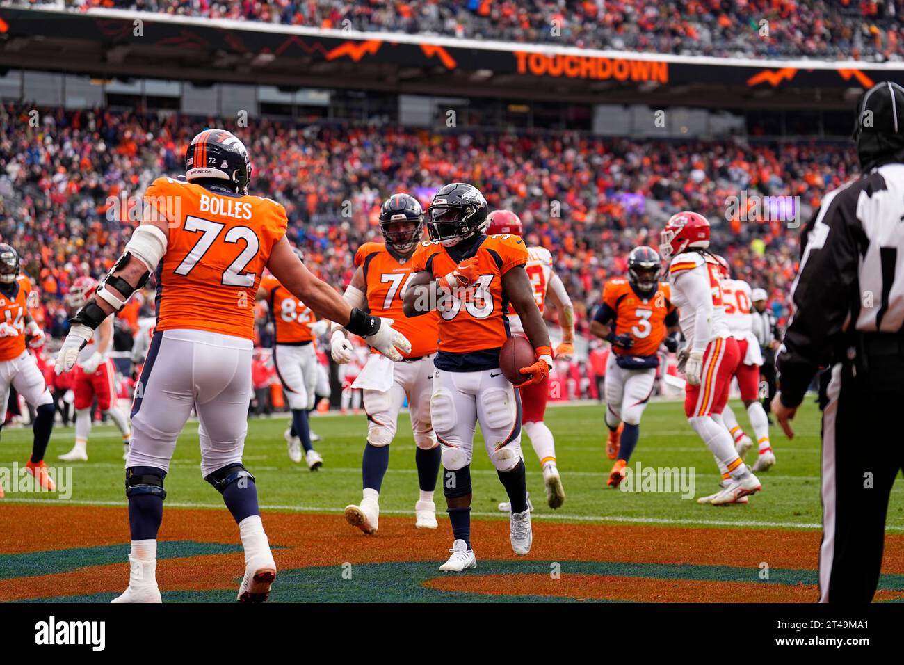 Denver Broncos running back Javonte Williams (33) celebrates after ...